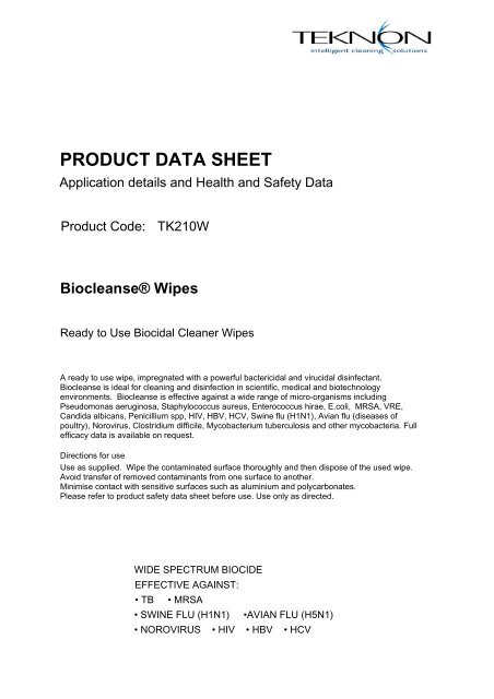 Biocleanse Wipes Data Sheet - Teknon