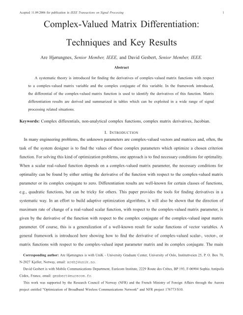 Complex-Valued Matrix Differentiation: Techniques and Key ... - Unik