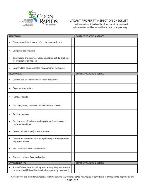 Vacant Property Checklist - City of Coon Rapids Minnesota