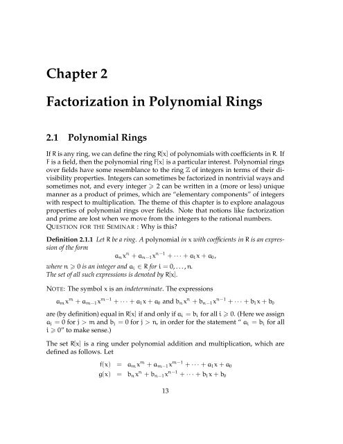 Chapter 2 Factorization in Polynomial Rings Chapter 2 Factorization in Polynomial Rings