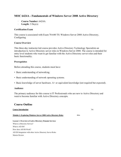 MOC 6424A - Fundamentals of Windows Server 2008 Active ...
