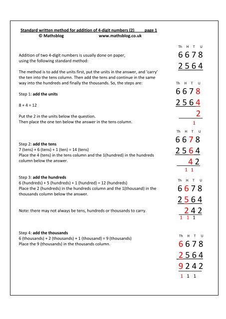 Standard addition of 4 digit numbers (2) - Maths Blog