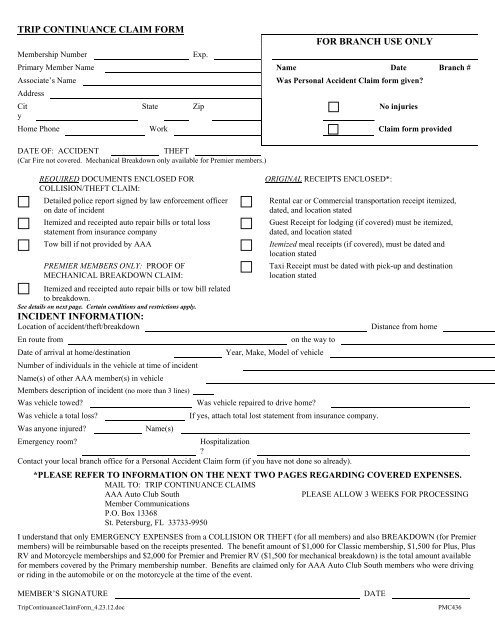 Trip continuance claim form for branch use only - AAA
