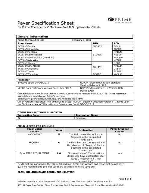 Payer Specification Sheet - Prime Therapeutics