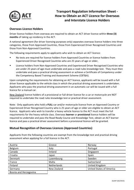Approved Countries - Rego ACT - ACT Government