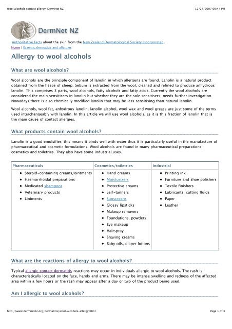 Wool alcohols contact allergy. DermNet NZ - Dr-baumann ...