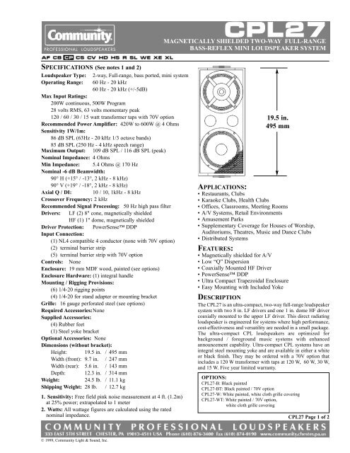 CPL27 Spec. Sheet - Community Professional Loudspeakers