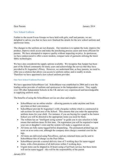 Uniform January Letter to Parents 30 Jan