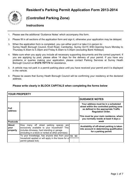 Resident's Parking Permit Application Form - Surrey Heath Borough ...