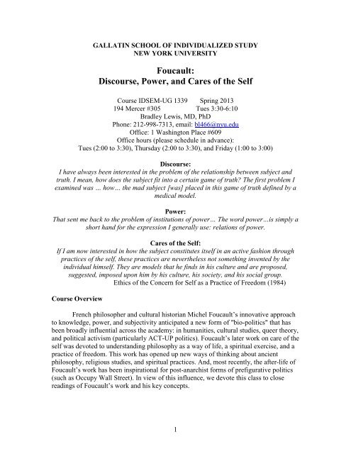 Foucault: Discourse, Power, and Cares of the Self - Gallatin School ...
