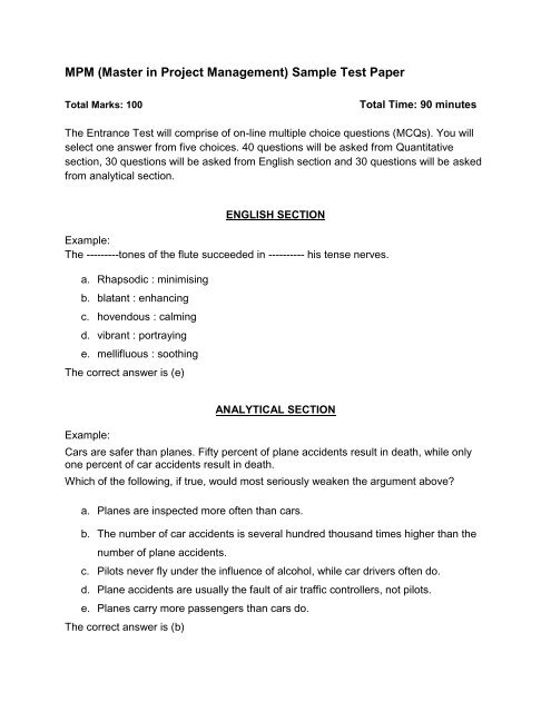 MPM Master In Project Management Sample Test Paper