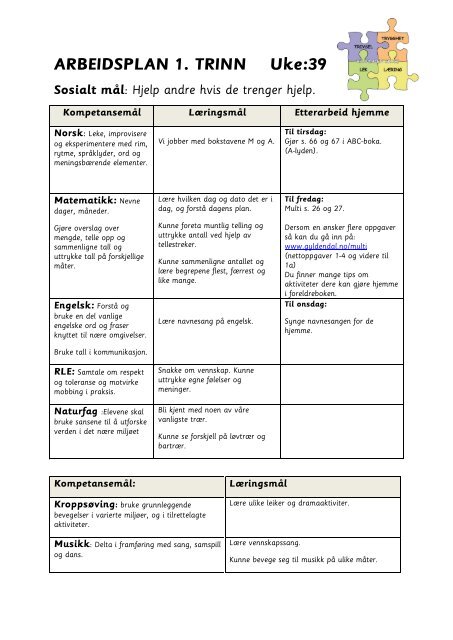 ARBEIDSPLAN 1. TRINN Uke:39 Sosialt mÃ¥l - itslearning