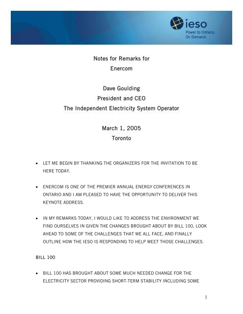 Notes for Remarks for Enercom Dave Goulding President and CEO ...