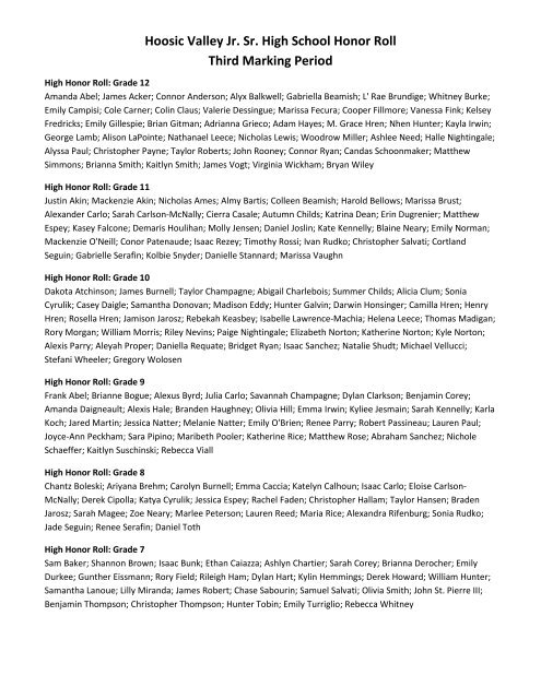 Hoosic Valley High Honor Roll â Fifth Marking Period