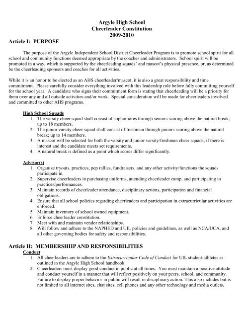 Argyle High School Cheerleader Constitution 2009-2010 Article I ...