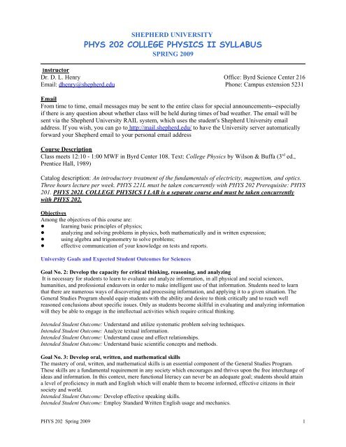 phys 202 college physics ii syllabus - Shepherd University Personal ...