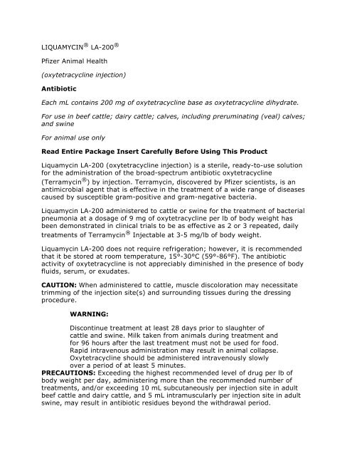 LIQUAMYCIN LA-200 Pfizer Animal Health (oxytetracycline injection ...