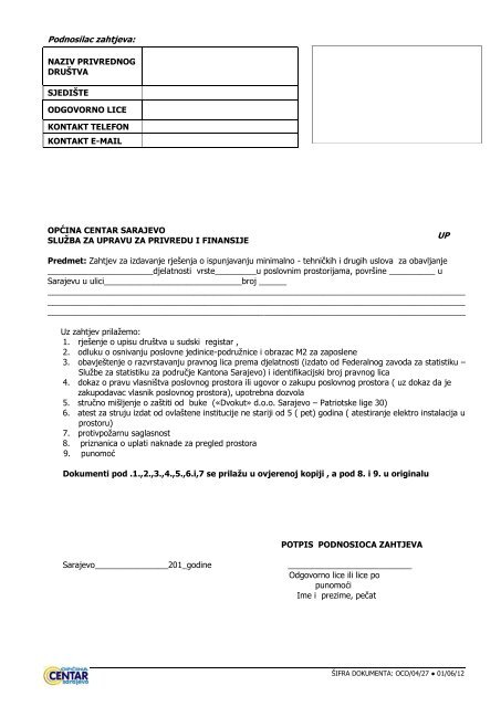 Zahtjev za izdavanje rješenja o ispunjavanju minimalno - tehničkih