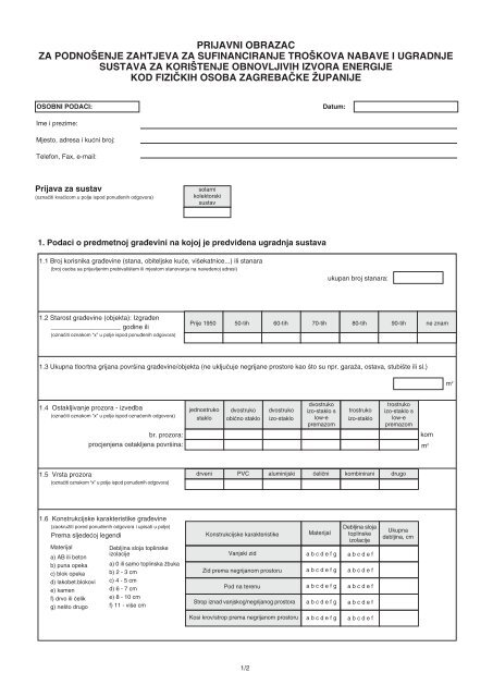 PRIJAVNI OBRAZAC ZA PODNOŠENJE ZAHTJEVA ZA ...