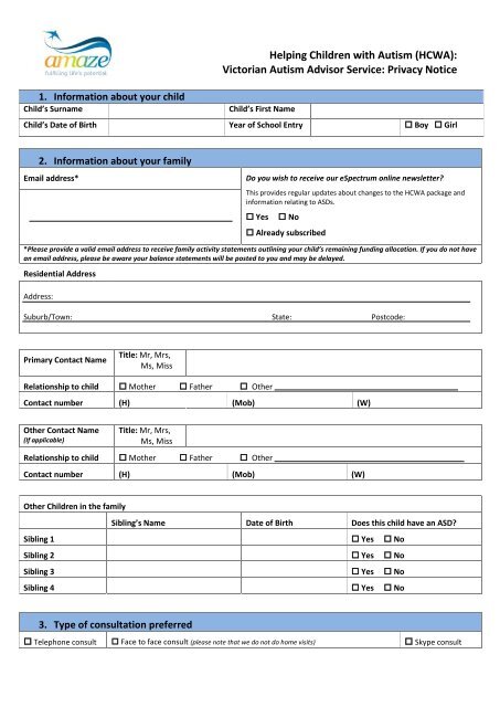 Helping Children with Autism Application Form - Amaze