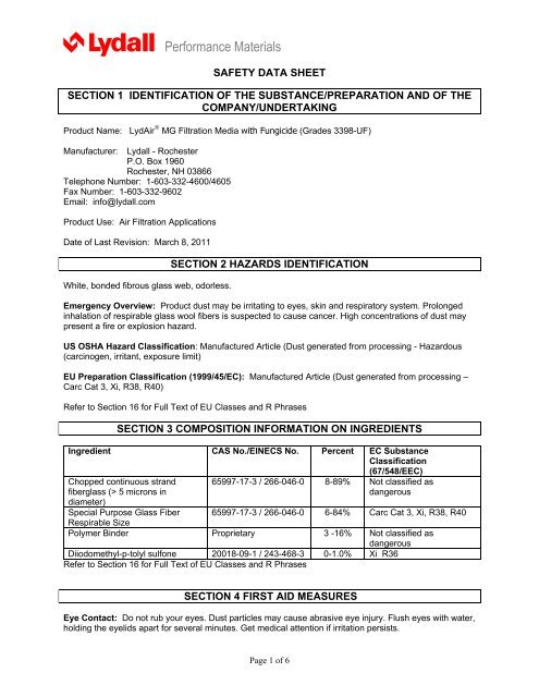 l Performance Materials - Lydall Filtration Separation Inc.