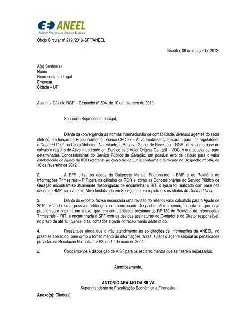 Anexo(s): Citado(s). Ofício Circular nº 219 /2012–SFF/ANEEL ...