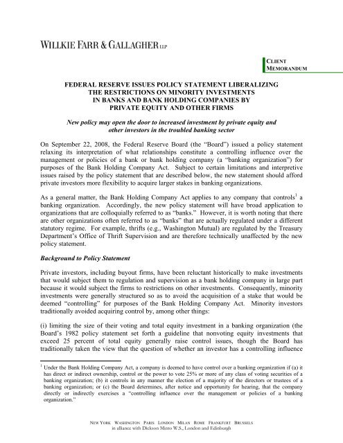 Federal Reserve Issues Policy Statement Liberalizing The Restrictions