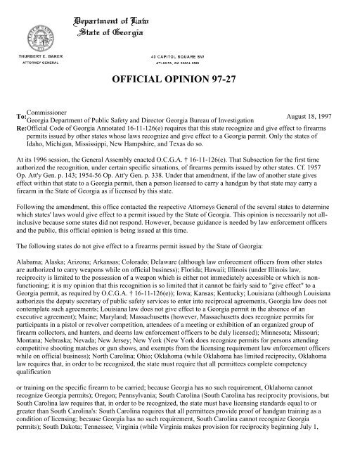 Georgia AG - Honoring Other States Permit/Licenses - Handgunlaw.us