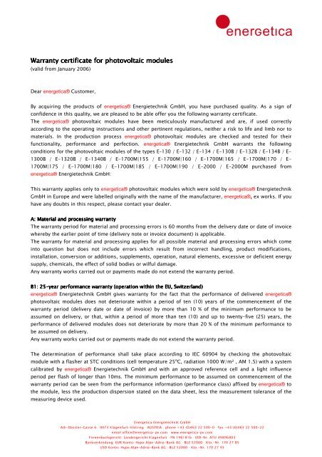Warranty certificate for photovoltaic modules Warranty ... - Energetica