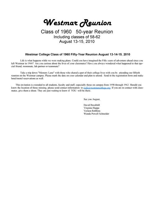 Reunion Letter '60 50-year - Westmarcollege.org
