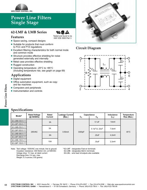 Power Line Filters Single Stage - Spectrum Control