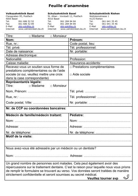 Feuille d'anamnèse