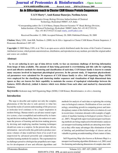 Journal of Proteomics & Bioinformatics - Open Access