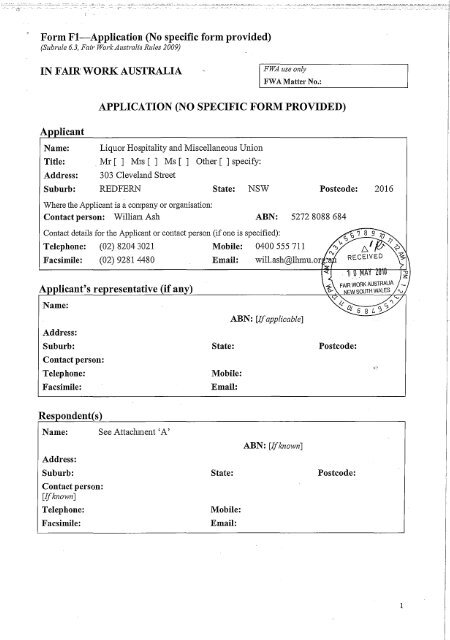 IN FAIR WORK AUSTRALIA APPLICATION (NO SPECIFIC FORM ...