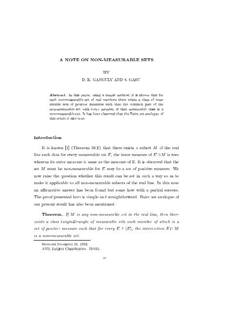 A NOTE ON NON-MEASURABLE SETS Introduction