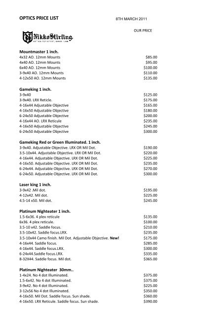 OPTICS PRICE LIST - Melbourne Firearms Centre