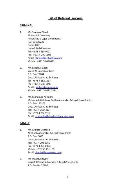 List of Referral Lawyers