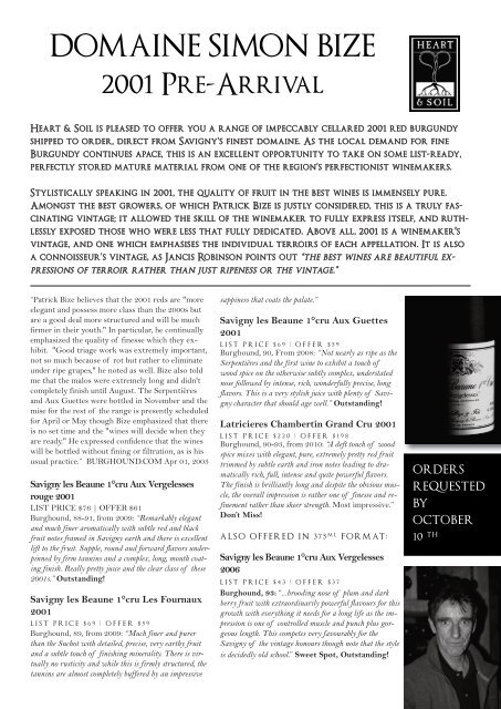 DOMAINE SIMON BIZE 2001 Pre-Arrival - Heart and Soil