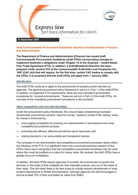 Draft Commonwealth Procurement Guidelines issued by the ...