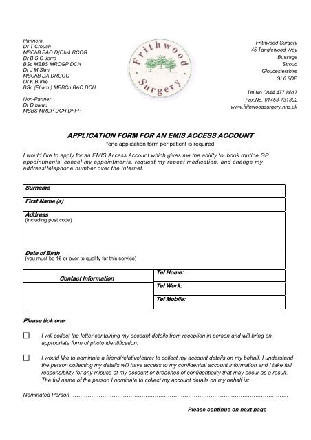 Emis Access Patient Application Form - Frithwood Surgery