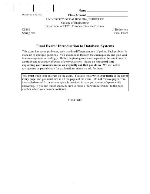 Final Exam: Introduction to Database Systems - HKN Final Exam: Introduction to Database Systems - HKN