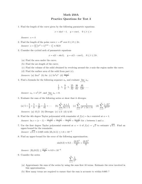 Math 250A Practice Questions for Test 3