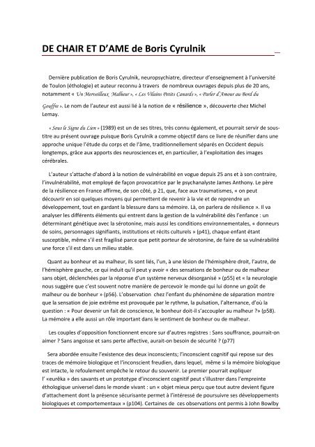 Fiche de lecture â Cyrulnik â sous le signe du lien â