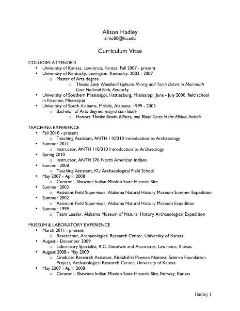Alison Hadley Curriculum Vitae - Department of Anthropology ...
