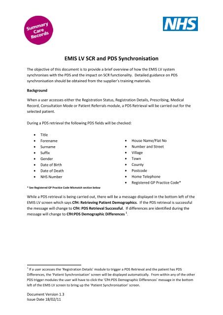 EMIS LV SCR PDS Synchronisation - NHS Connecting for Health