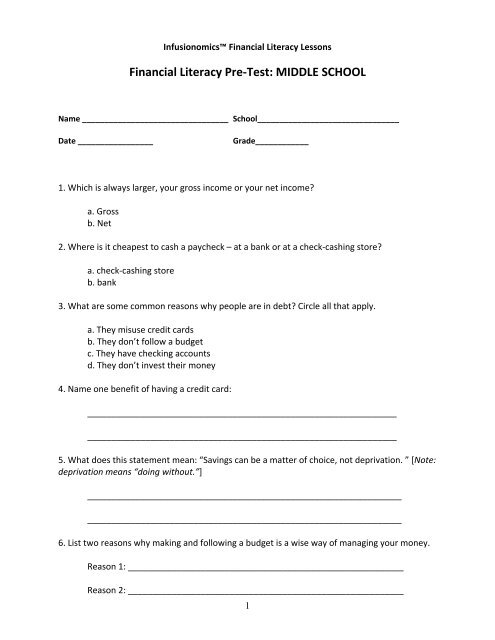 Financial Literacy Pre-Test: MIDDLE SCHOOL - Infusionomics