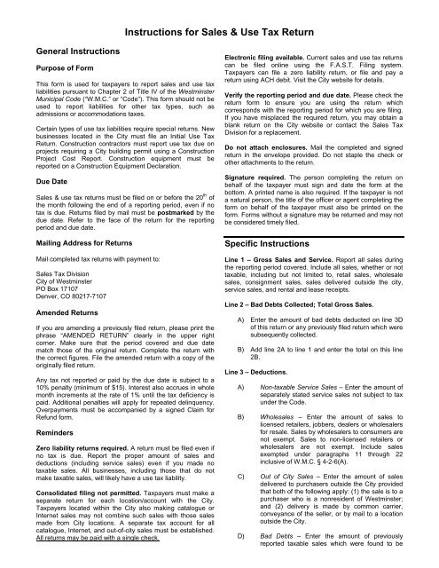 Instructions for Sales & Use Tax Return - City of Westminster