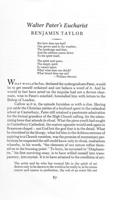 Walter Pater's Eucharist - benjamin taylor