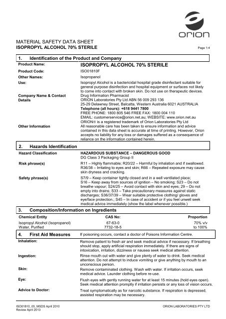 MATERIAL SAFETY DATA SHEET ISOPROPYL ALCOHOL 70, 55% OFF MATERIAL SAFETY DATA SHEET ISOPROPYL ALCOHOL 70, 55% OFF