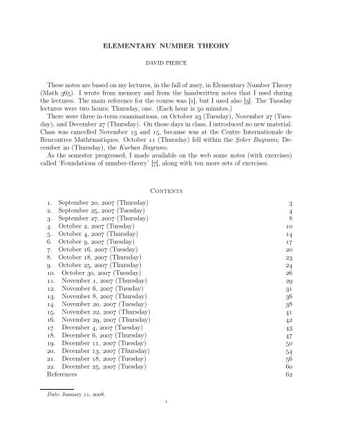 ELEMENTARY NUMBER THEORY These notes are based on my ...